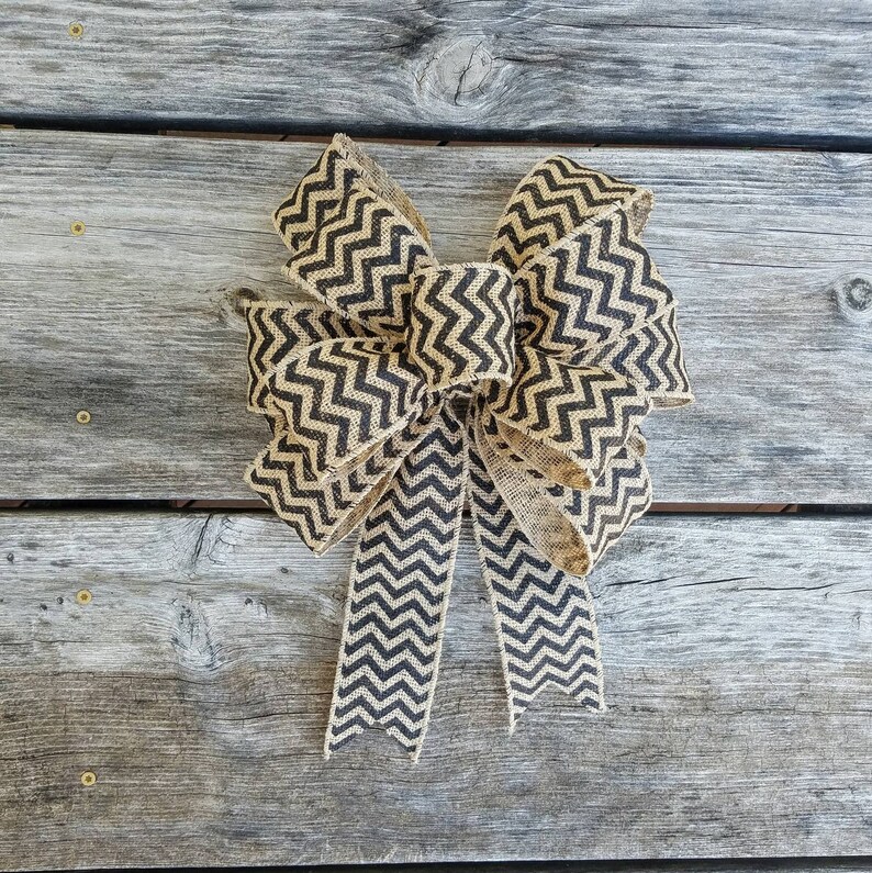 Black chevron Burlap bow 12 inch black chevron blue burlap | Etsy