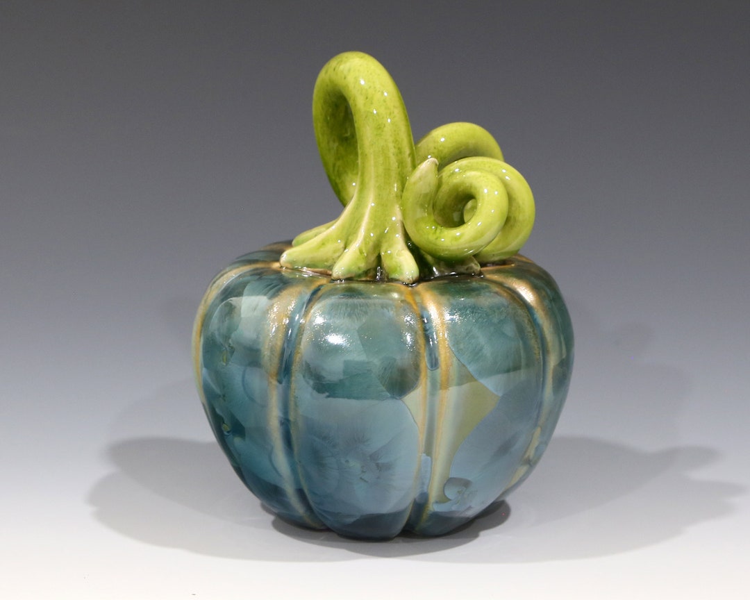 Crystalline Prussian Peacock Blue on Apple Green Ceramic Pumpkin With ...