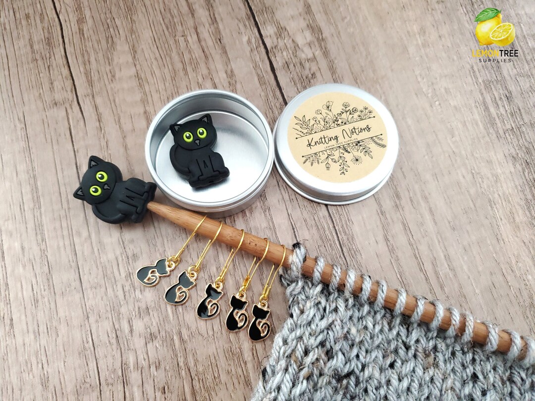 Black Cat Stitch Markers and Stitch Stoppers With Storage Tin, Knitting ...
