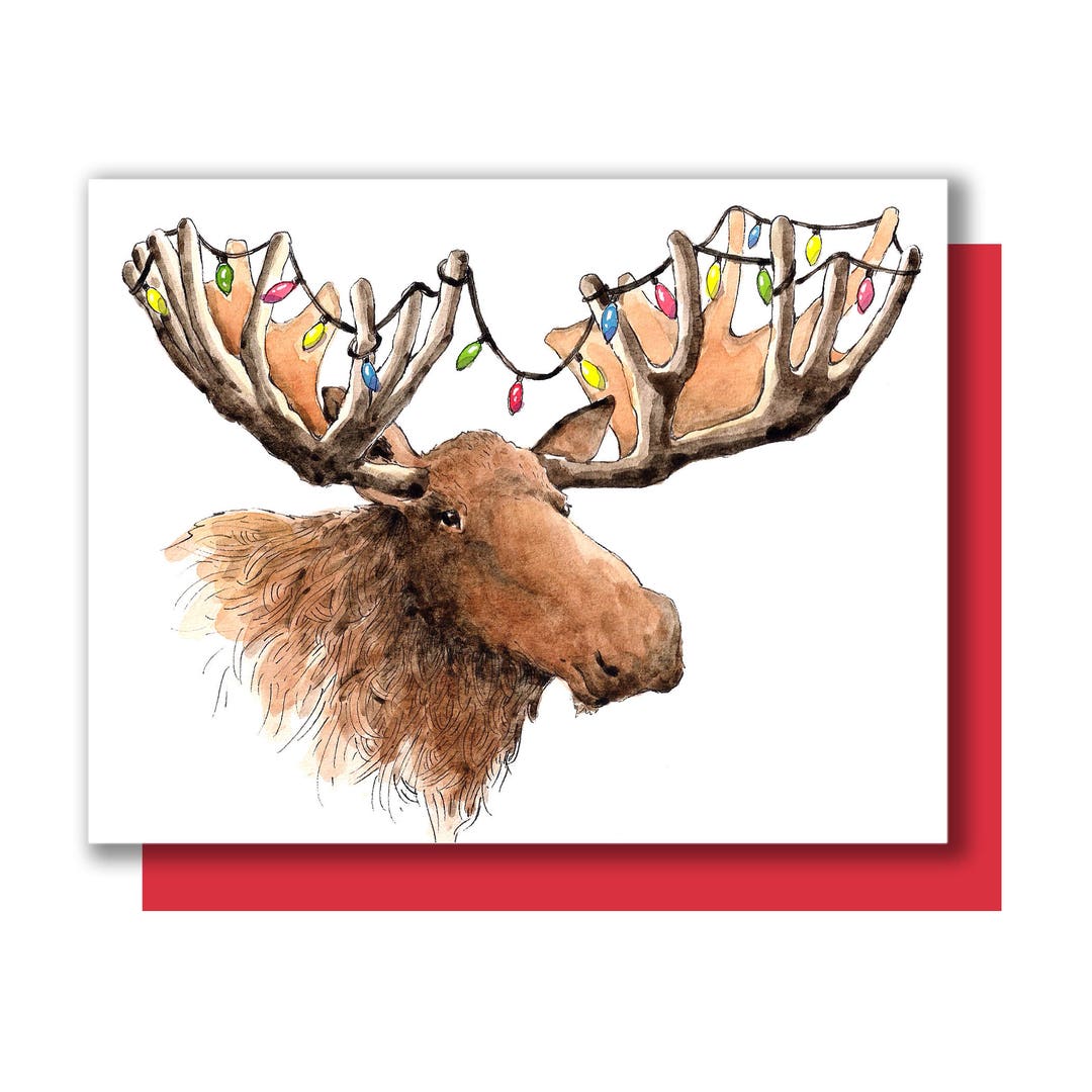 Festive Christmas Lights Moose Holiday Christmas Card - Etsy