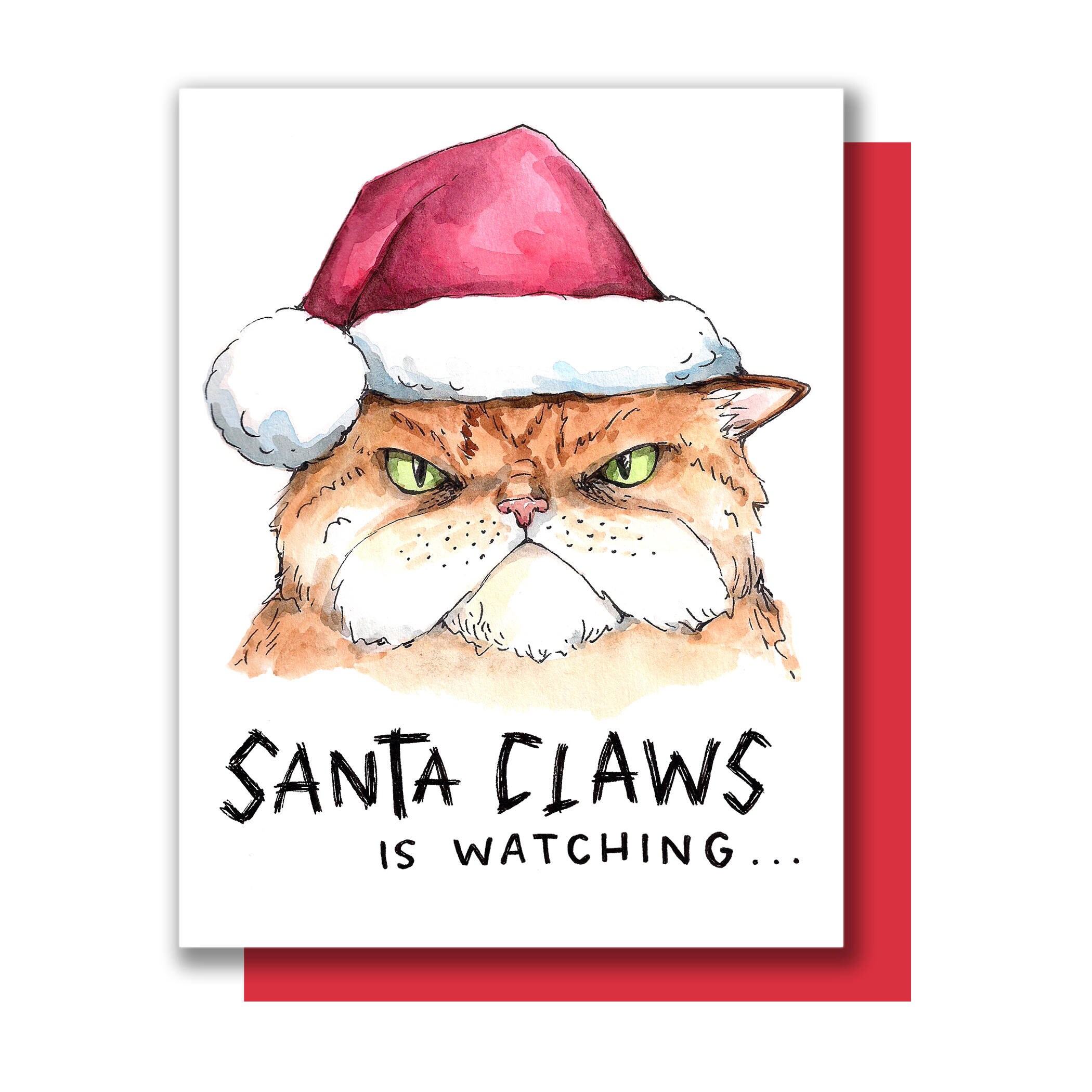 Santa Claws Is Watching Cat Santa Hat Holiday Christmas Card | Etsy