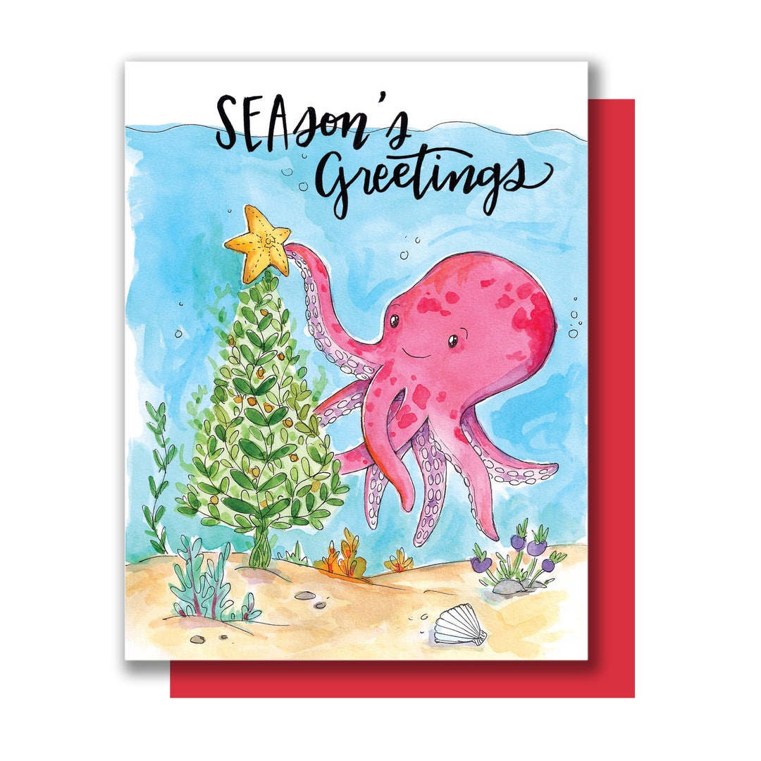 Season's Greetings Ocean Sea Octopus Christmas Holiday Card - Etsy