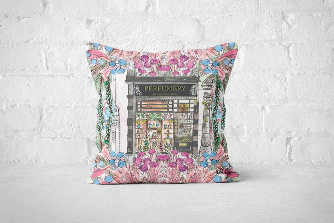 Illustrated Perfume Shop Window Cushion Pink Floral Decorative Art ...