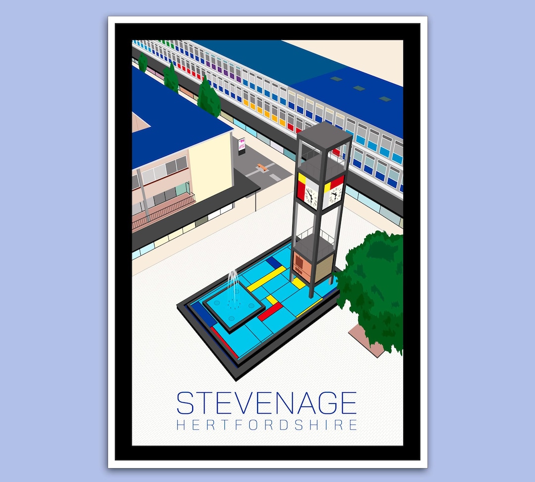 Stevenage Town Square Art Print, Featuring the Iconic 1950s Clock Tower ...