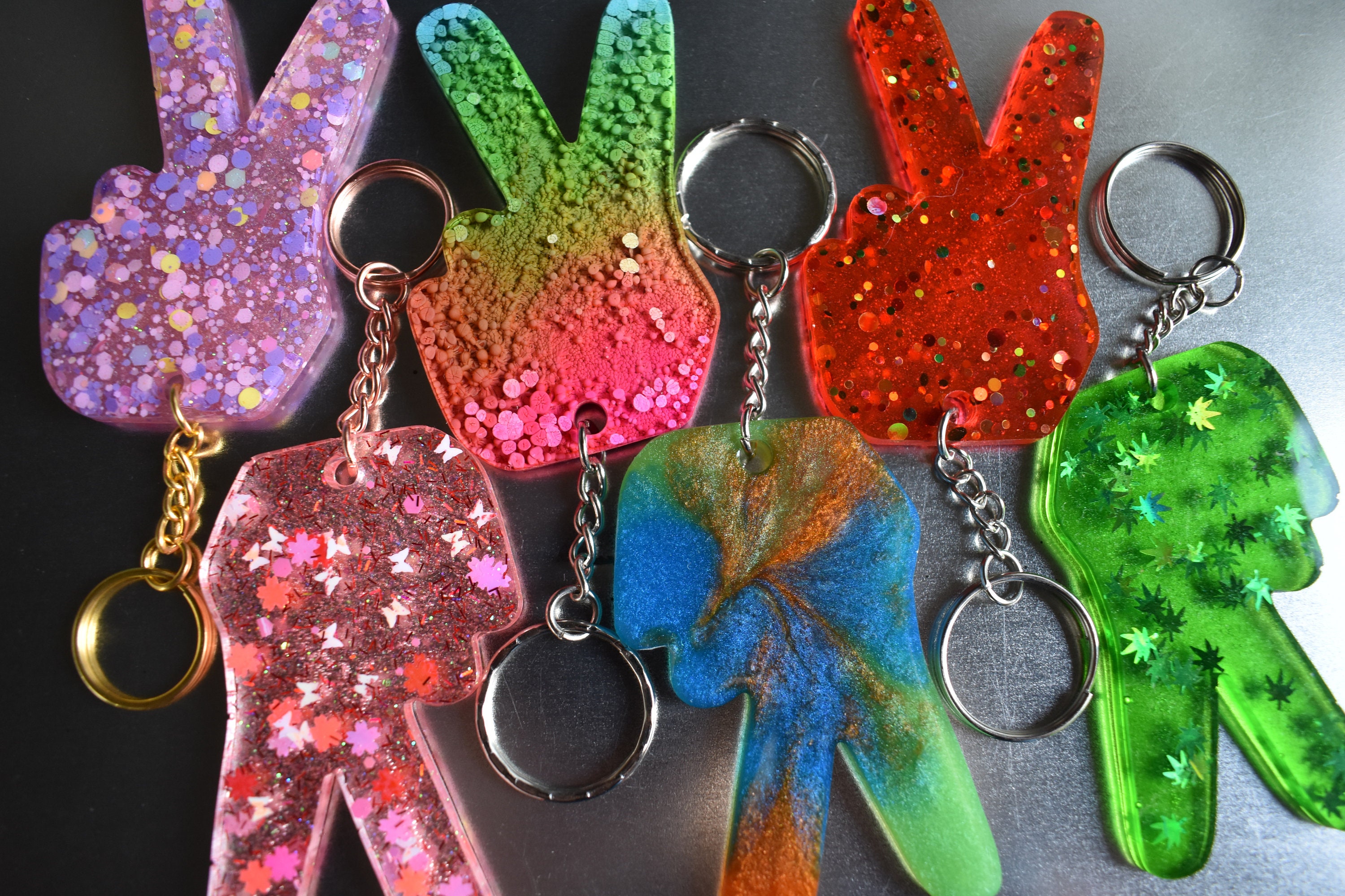 Peace Peace Hand Sign UV REACTIVE Glitter Keychain Rose Gold Trimmed ...