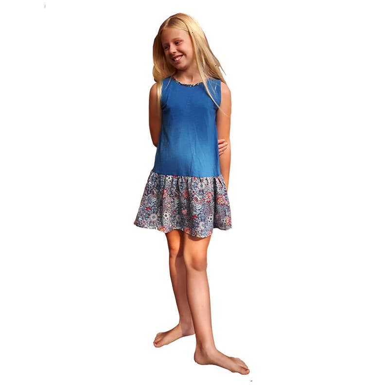 Summer Girl's Short Dress, Bi Fabric, Blue Jersey Top and Floral Print ...