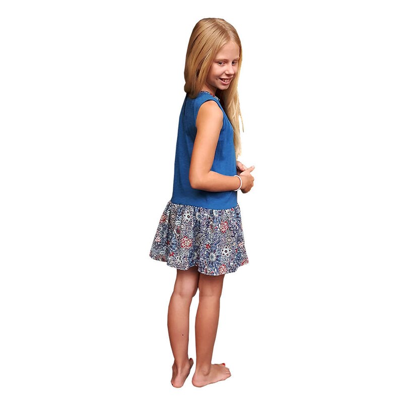 Summer Girl's Short Dress, Bi Fabric, Blue Jersey Top and Floral Print ...