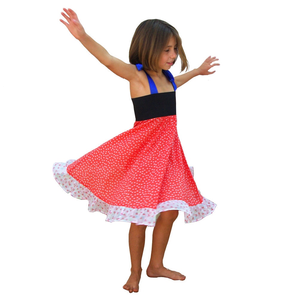 Summer Girl's Flared Dress With Straps, Red and White Dot Dress, for ...