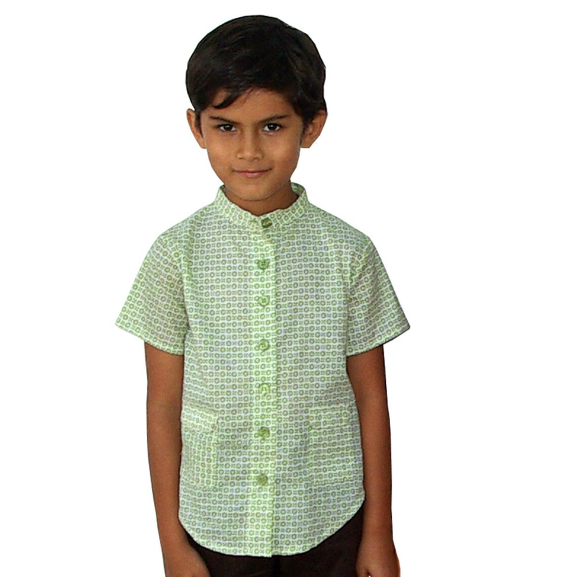 Summer Boy's Shirt, Short Sleeves, Mandarin Collar, Small Green Print ...