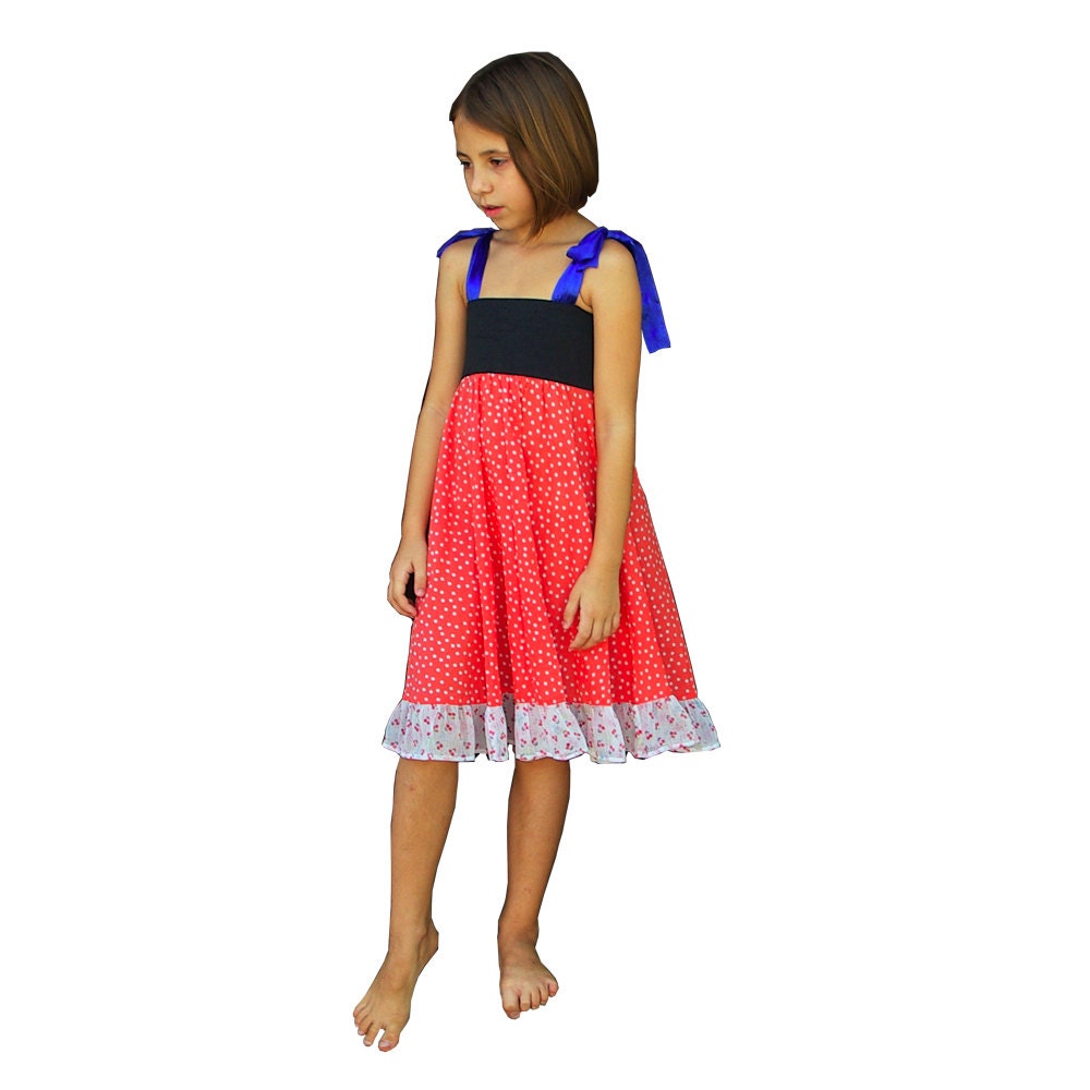 Summer Girl's Flared Dress With Straps, Red and White Dot Dress, for ...