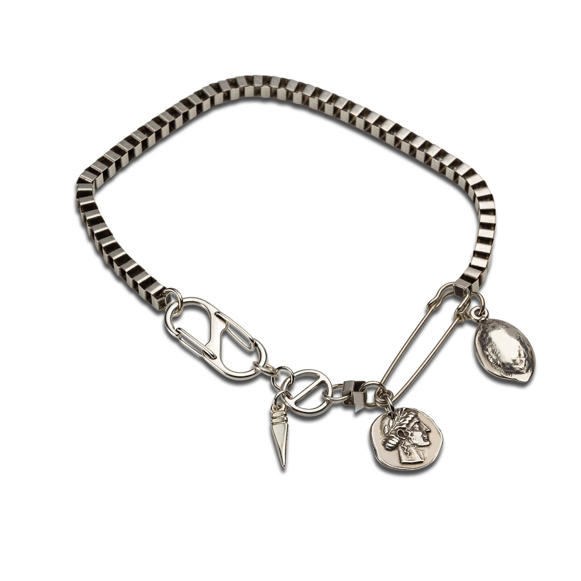 Silver Safety Pin Box Chain Necklace With Pendants, Rock Style Chunky ...