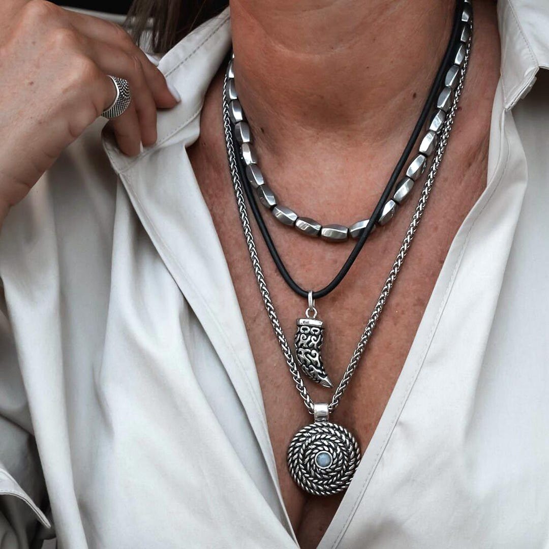 Layered Leather and Metal Necklaces, Stacked Edgy Necklaces, Unisex ...