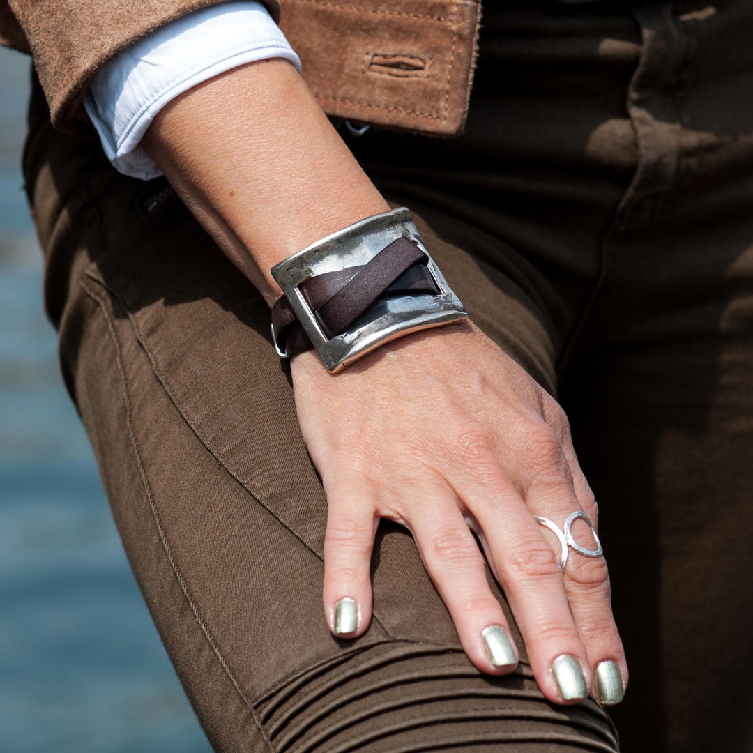 Women's Leather and Metal Bracelet, Statement Cuff, Bold Zamak Metal ...