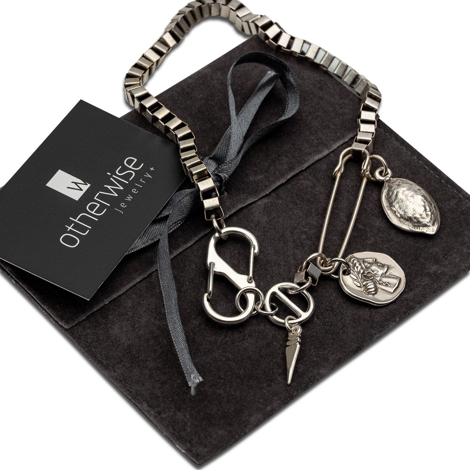 Silver Safety Pin Box Chain Necklace With Pendants, Rock Style Chunky ...