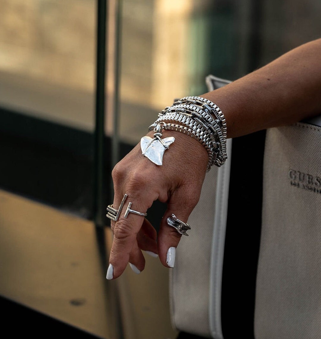 Great White Shark Tooth Wrap Bracelet, Edgy Multi Layered Stacked Chain ...