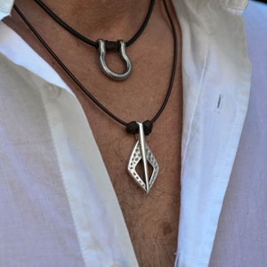 Men's Leather and Metal Layered Necklaces, Silver Shackle Necklace, Men ...