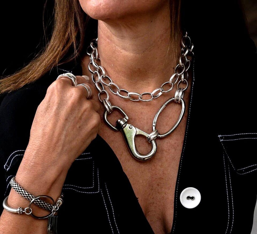 Long Necklace With Chunky Industrial Style Lobster Clasp, Bold Wrap ...