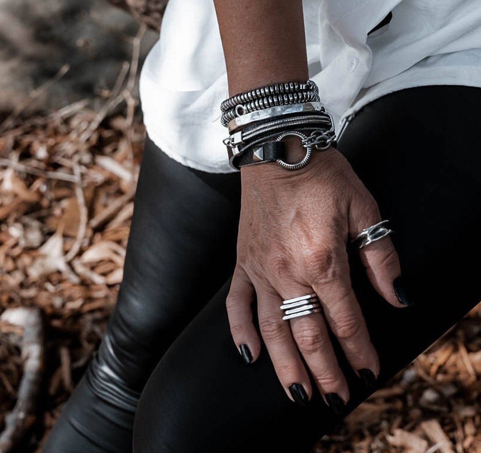 Edgy Bracelet Set, Wrap Leather and Metal Bracelets for Every Day Rock ...