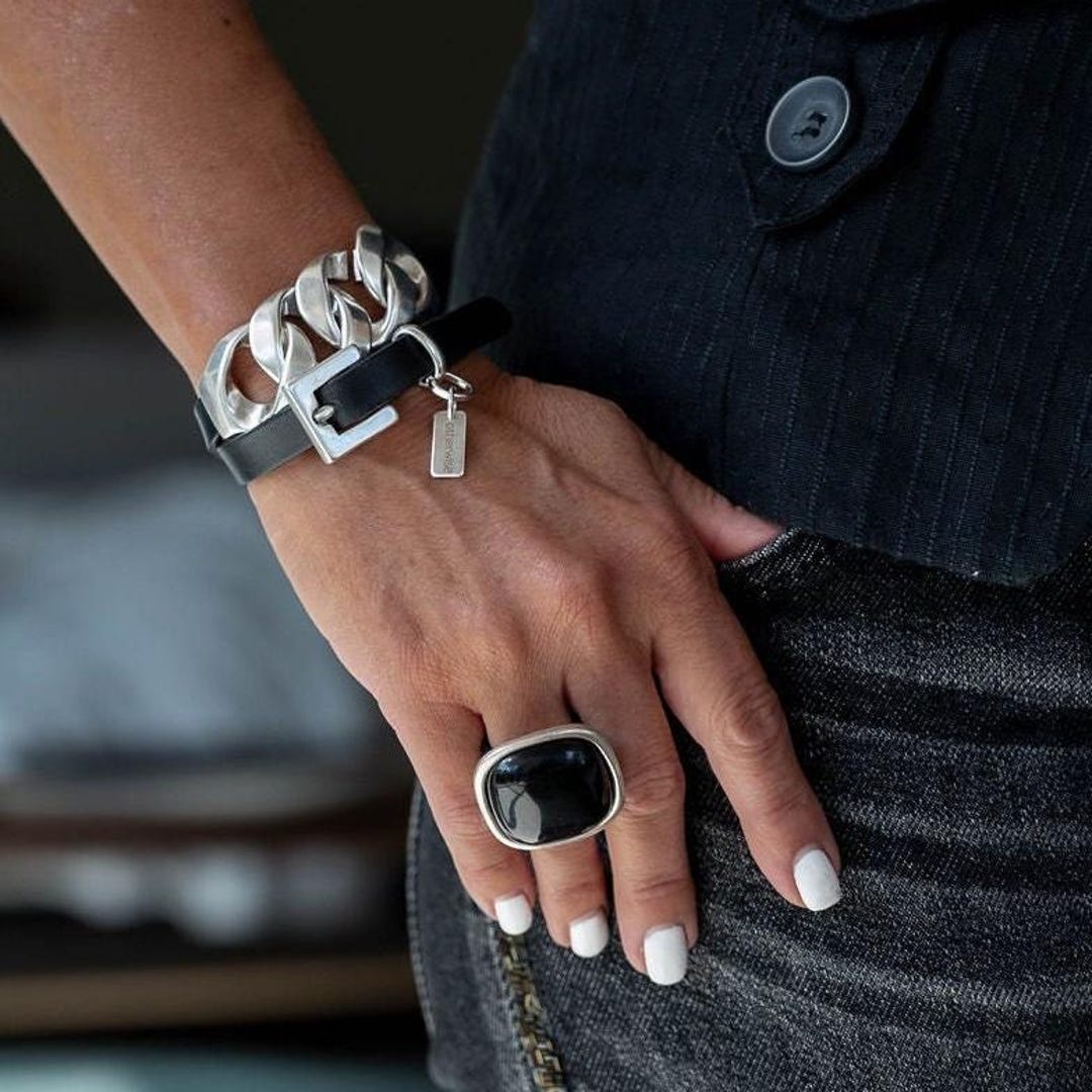 Double Wrap Leather and Chain Bracelet, Chunky Link Chain Cuff With ...
