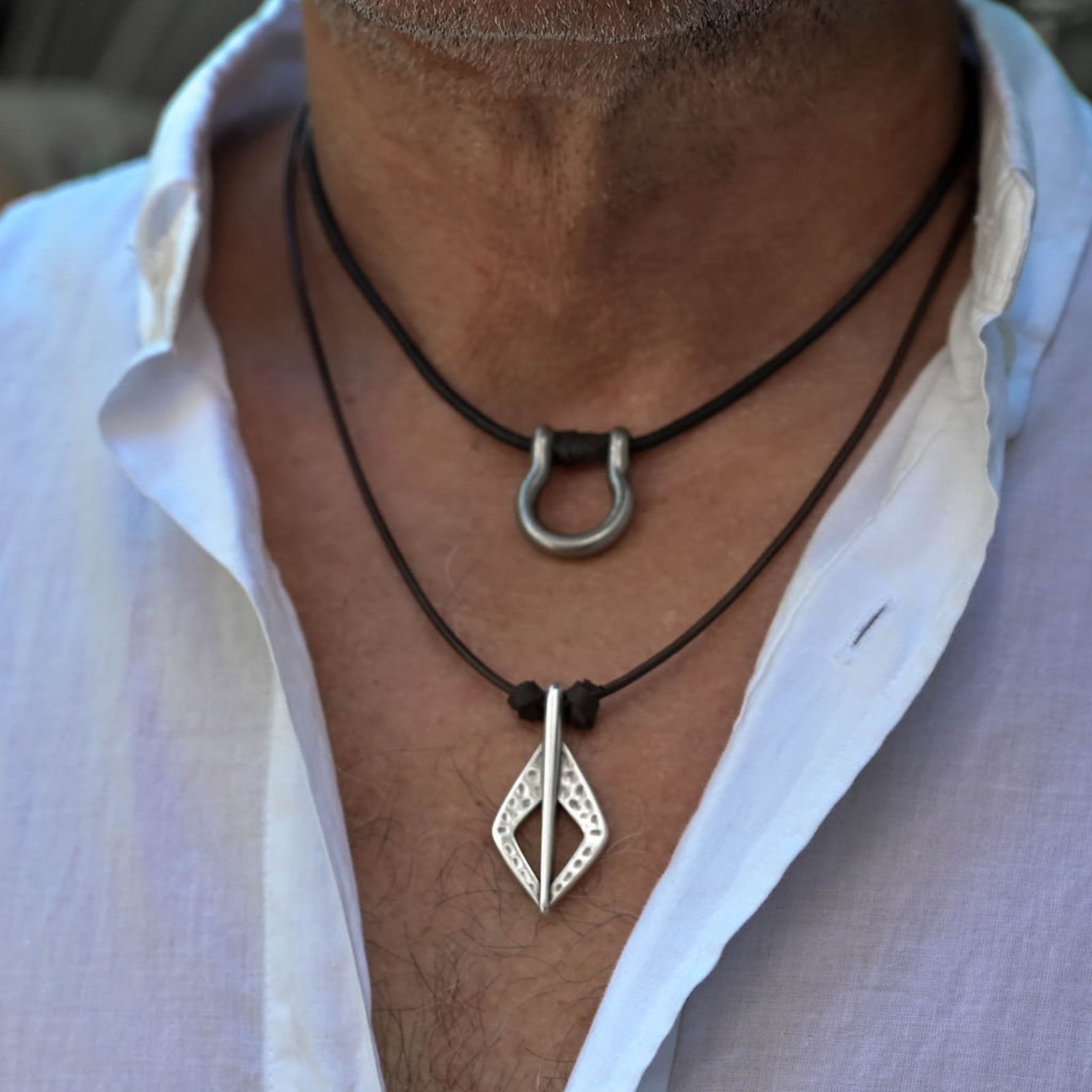 Men's Leather and Metal Layered Necklaces, Silver Shackle Necklace, Men ...