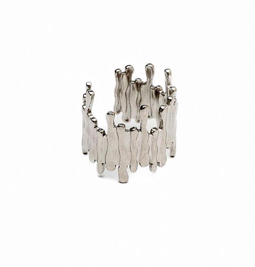 Ring With Irregular Vertical Bars Silver Plated, Adjustable Stainless ...