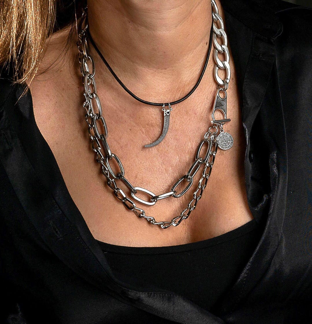Layered Chunky Chain and Leather Necklace, Rocker Chic Antique Silver ...