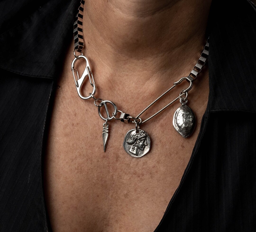 Silver Safety Pin Box Chain Necklace With Pendants, Rock Style Chunky ...