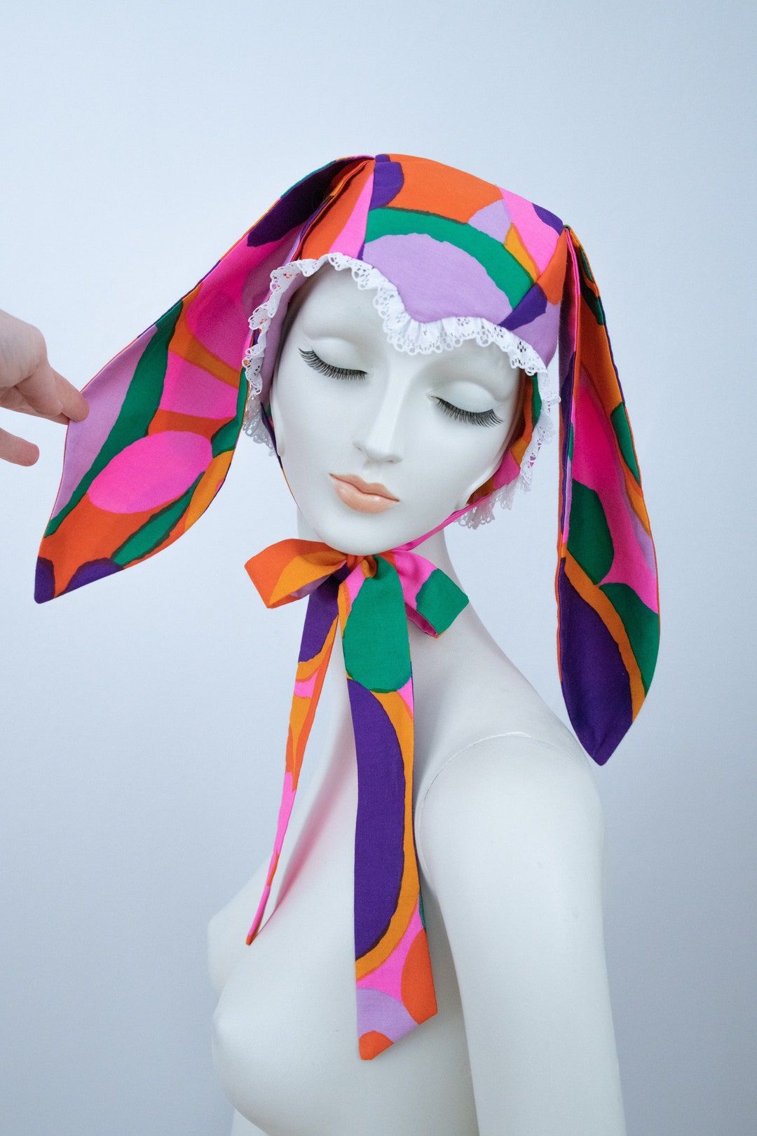 Bunny Bonnet With Lace Widows Peak Center Front Pucci Inspired - Etsy
