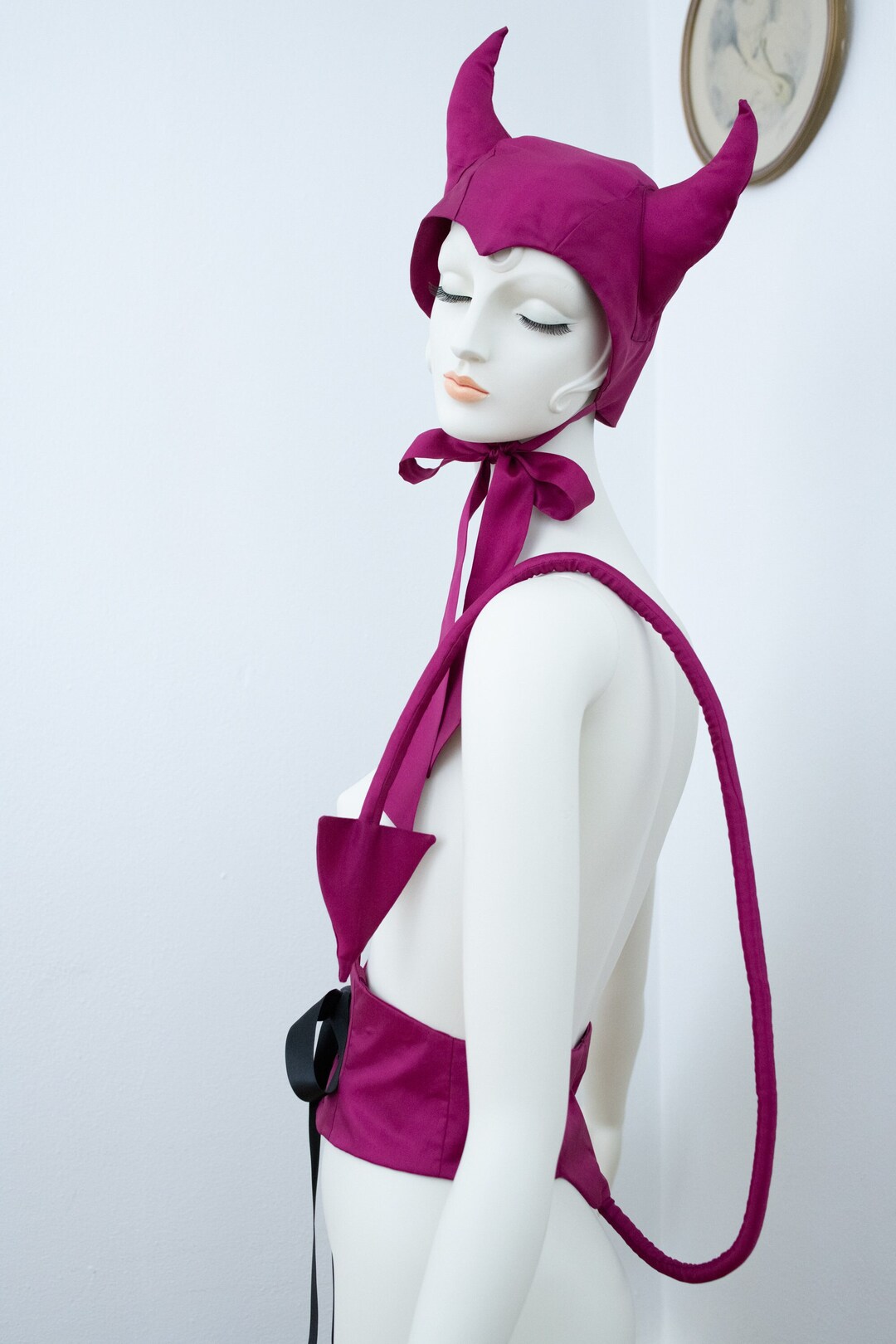 Devil Horn Bonnet With Corset Belt Tail and Cape, Devil Costume, Fuchsia Devil Costume, Devil ...