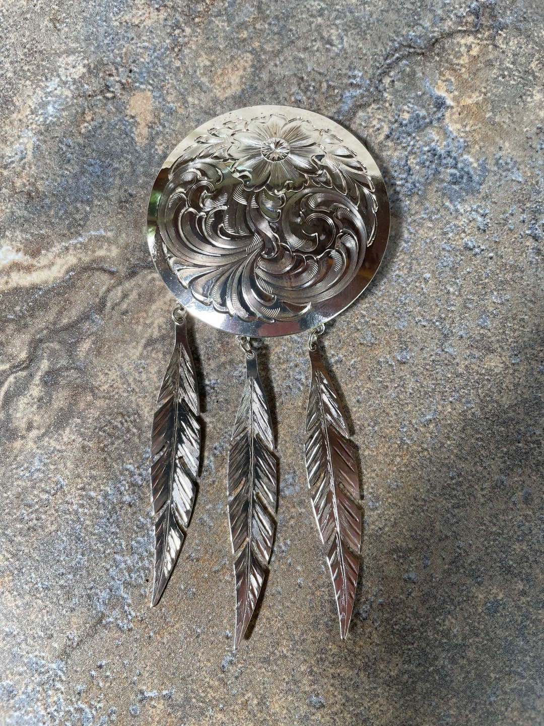 Silver Engraved Pin With Dangling Feathers, Vintage Montana ...