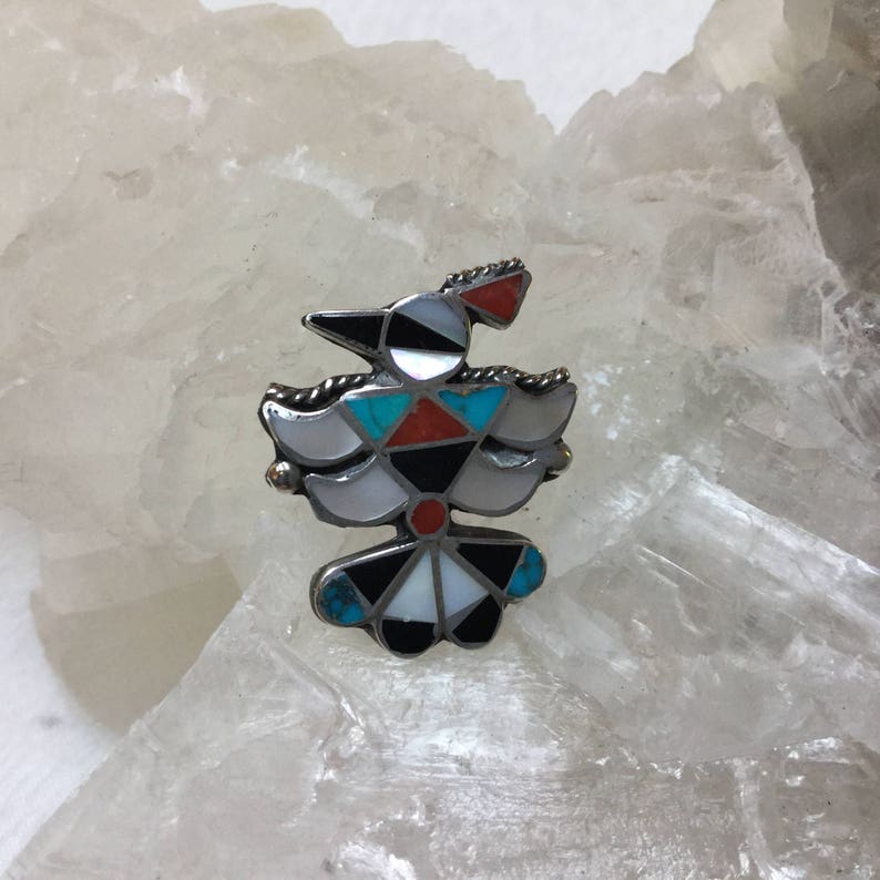 Zuni Thunderbird Pin, Sterling Silver Inlay, Turquoise Coral Onyx ...