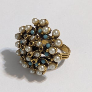 Rare FLORENZA Pearl Seed Turquoise Princess Ring Dome Antique Gold ...