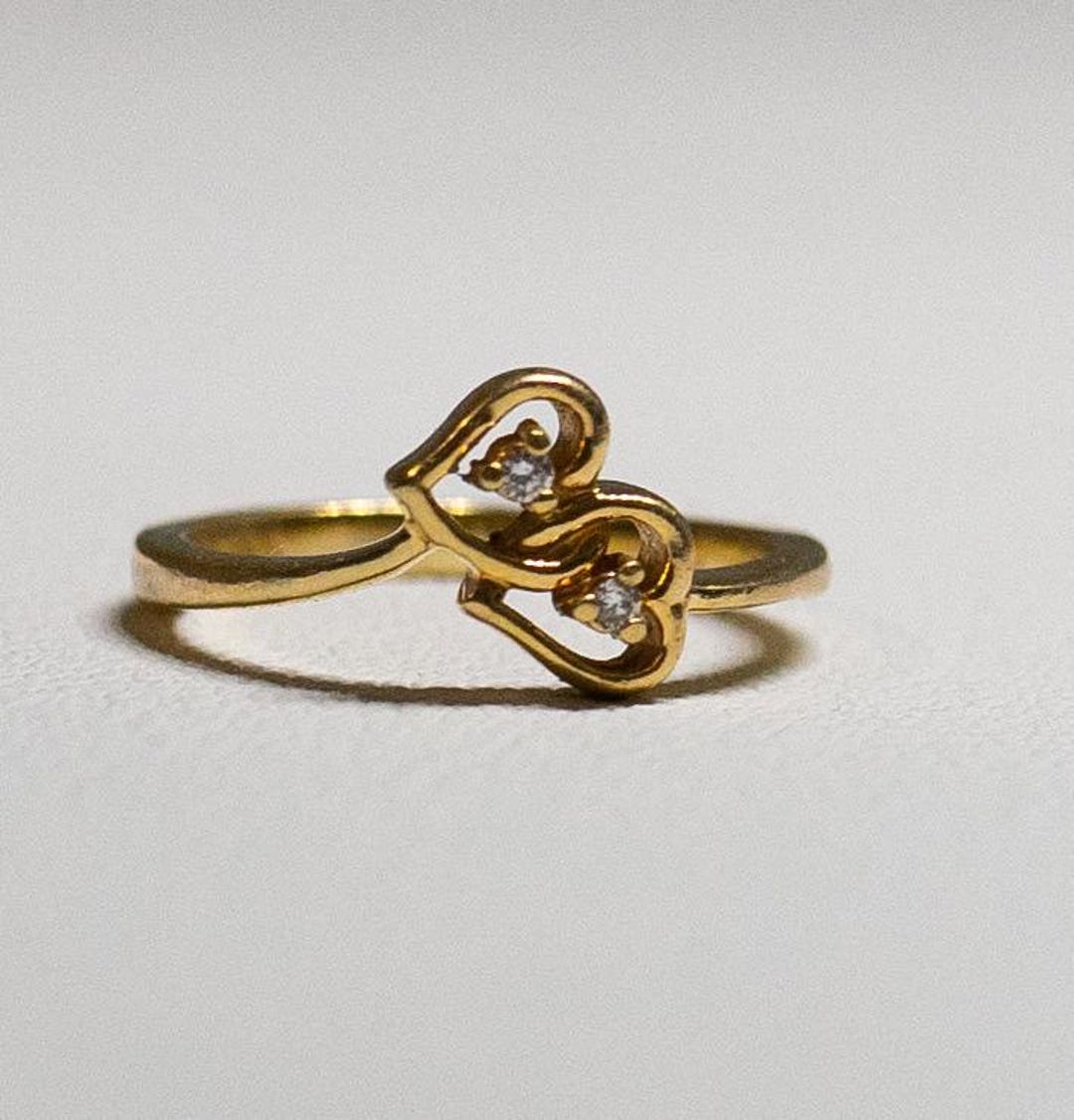 14K Gold Pinky Heart Ring Diamond Double Reverse Heart Band Size 4 ...