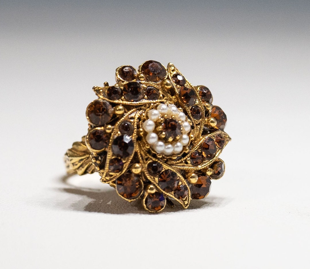 FLORENZA Large Topaz Rhinestone Pearls Crown Ring Signed Vintage ...