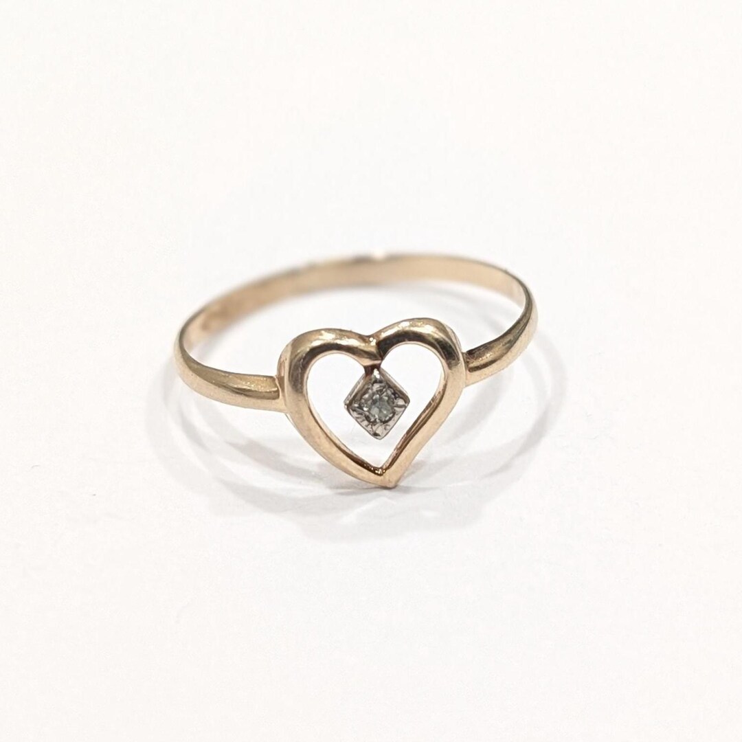 10KP Solid Yellow Gold Plumb Heart Ring With Diamond Accent - Size 5 ...