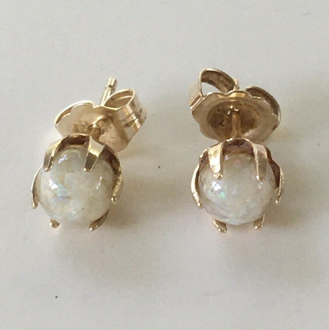 Vintage Genuine Opal Chips 18K Solid Yellow Gold Mini Studs in Ball Design 14K Solid Gold Backs ...