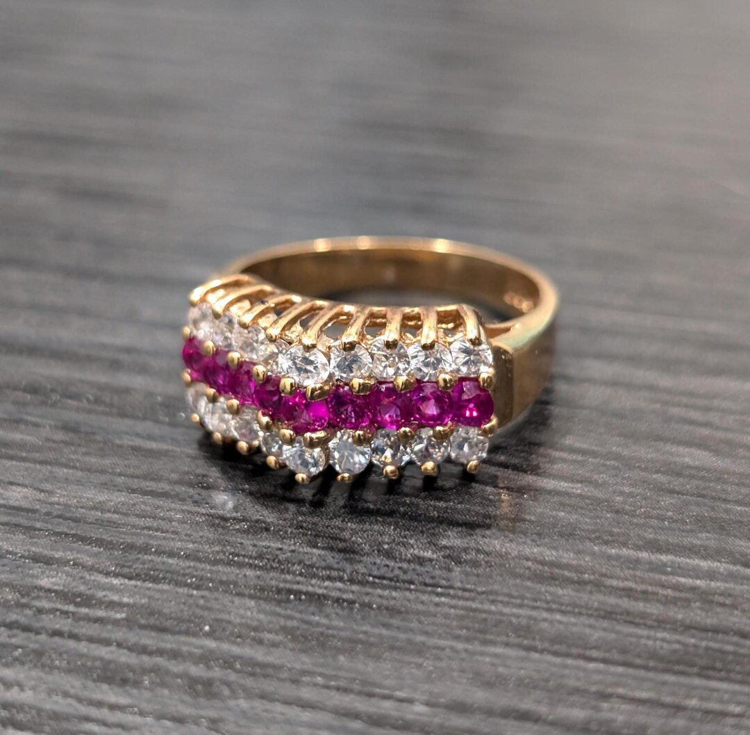 Vintage 14K HGE Lind Ring Cathedral Style Cocktail Ring Size 7 Lab Created Rubies CZ Stones ...