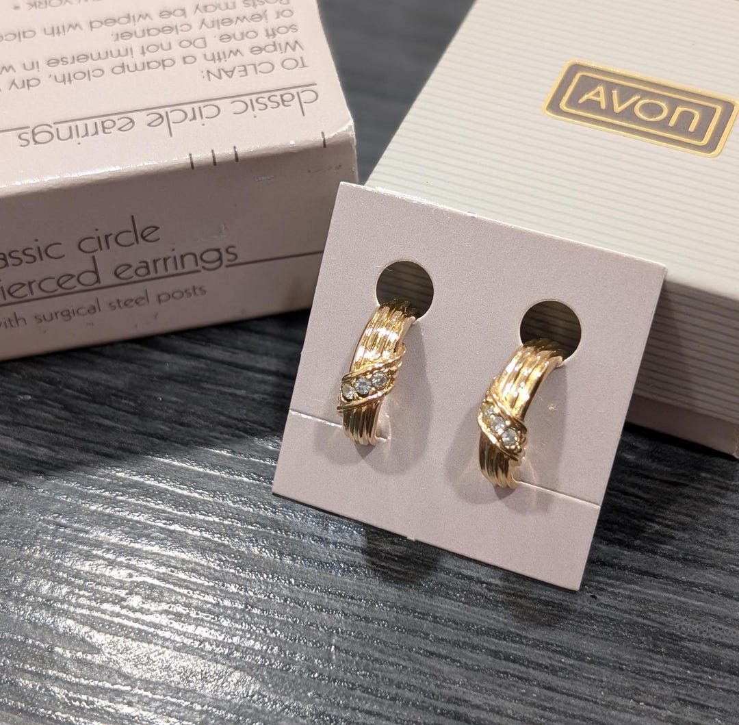 Avon Classic Circle Earrings Rhinestones Golden Huggie Half Hoop ...