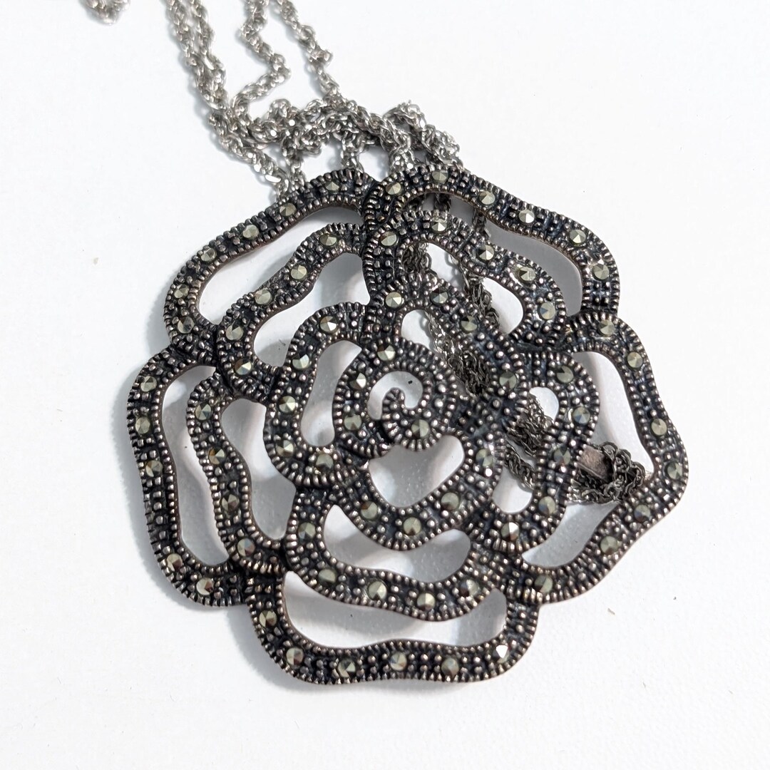 Marcasite 925 Sterling Silver Flower Rose Old Fashioned Pendant ...