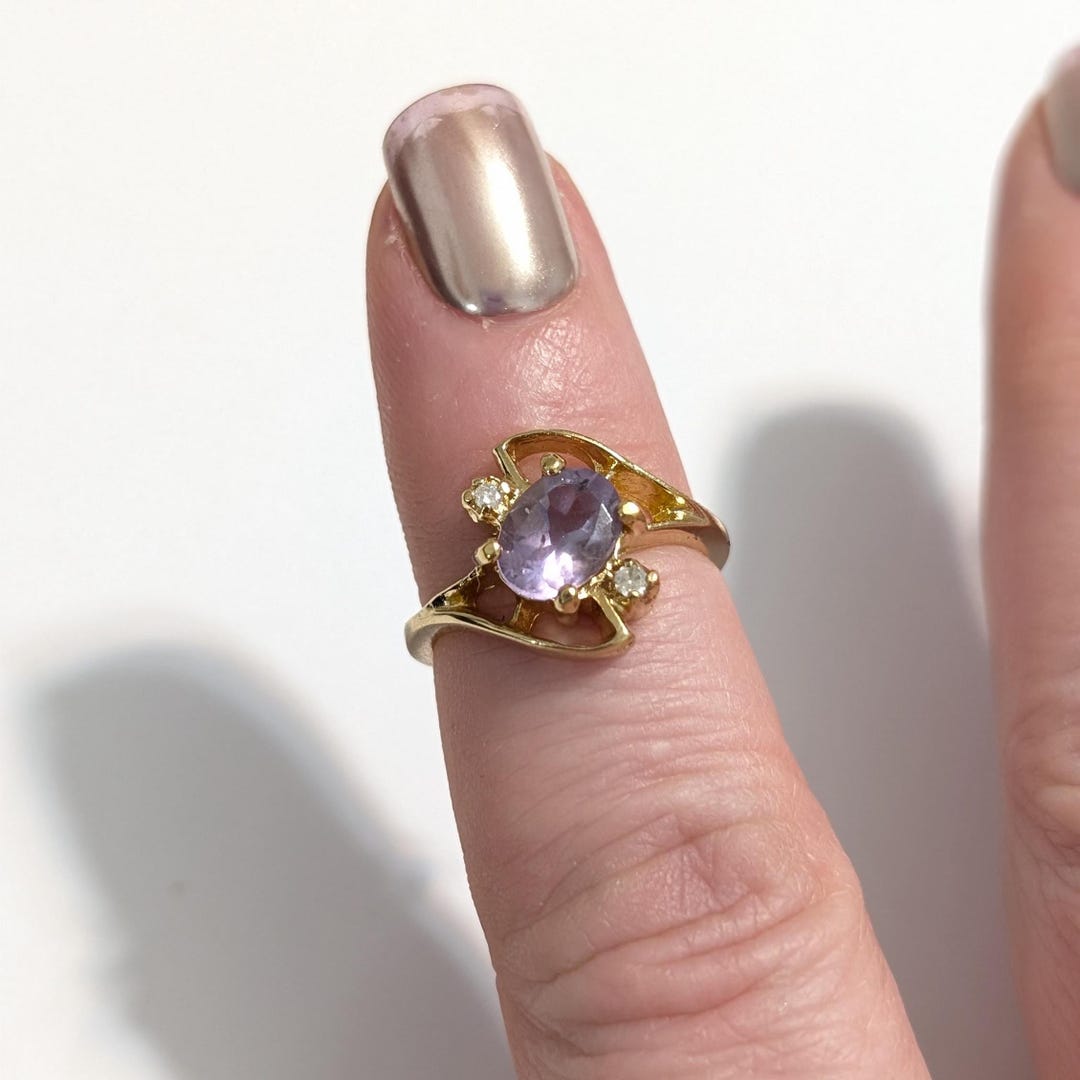 Vintage Amethyst Cocktail Ring, Diamond Zircon Accents, 24KT HGE, Size ...