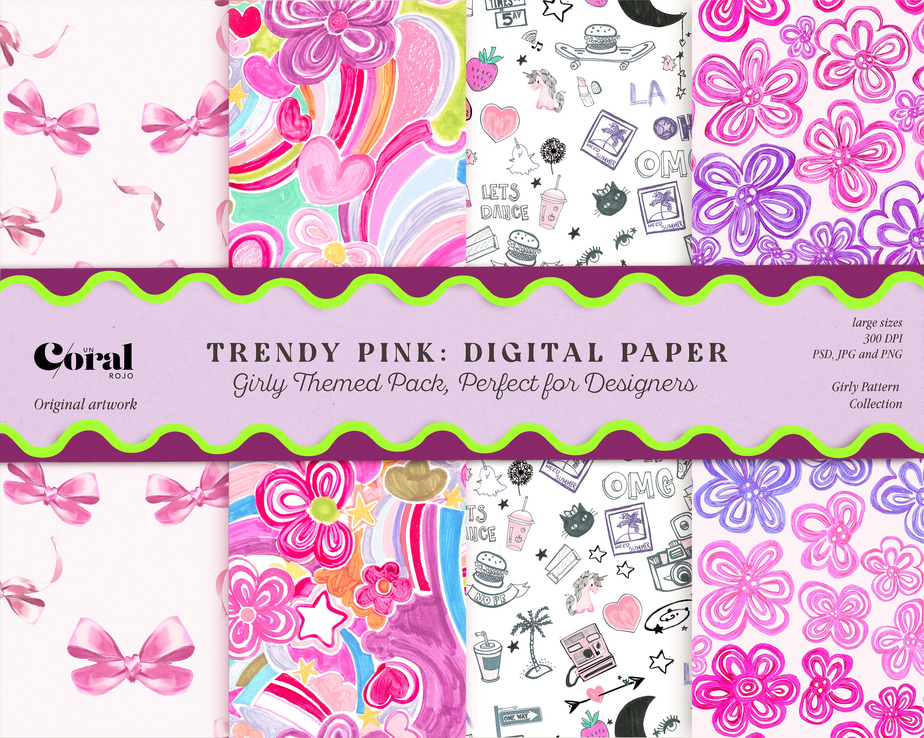Girly Digital Paper Set Commercial Use Scrapbook Paper Seamless Pattern ...