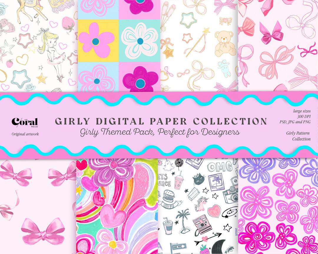 Girly Digital Paper Collection Coquette Digital Paper Girly Pattern Illustration Trendy Digital ...