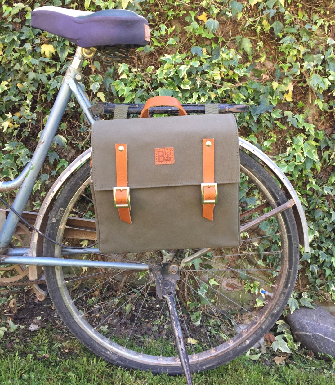 Green Canvas Bicycle Pannier Bag, Bike Messenger With Leather Straps - Etsy