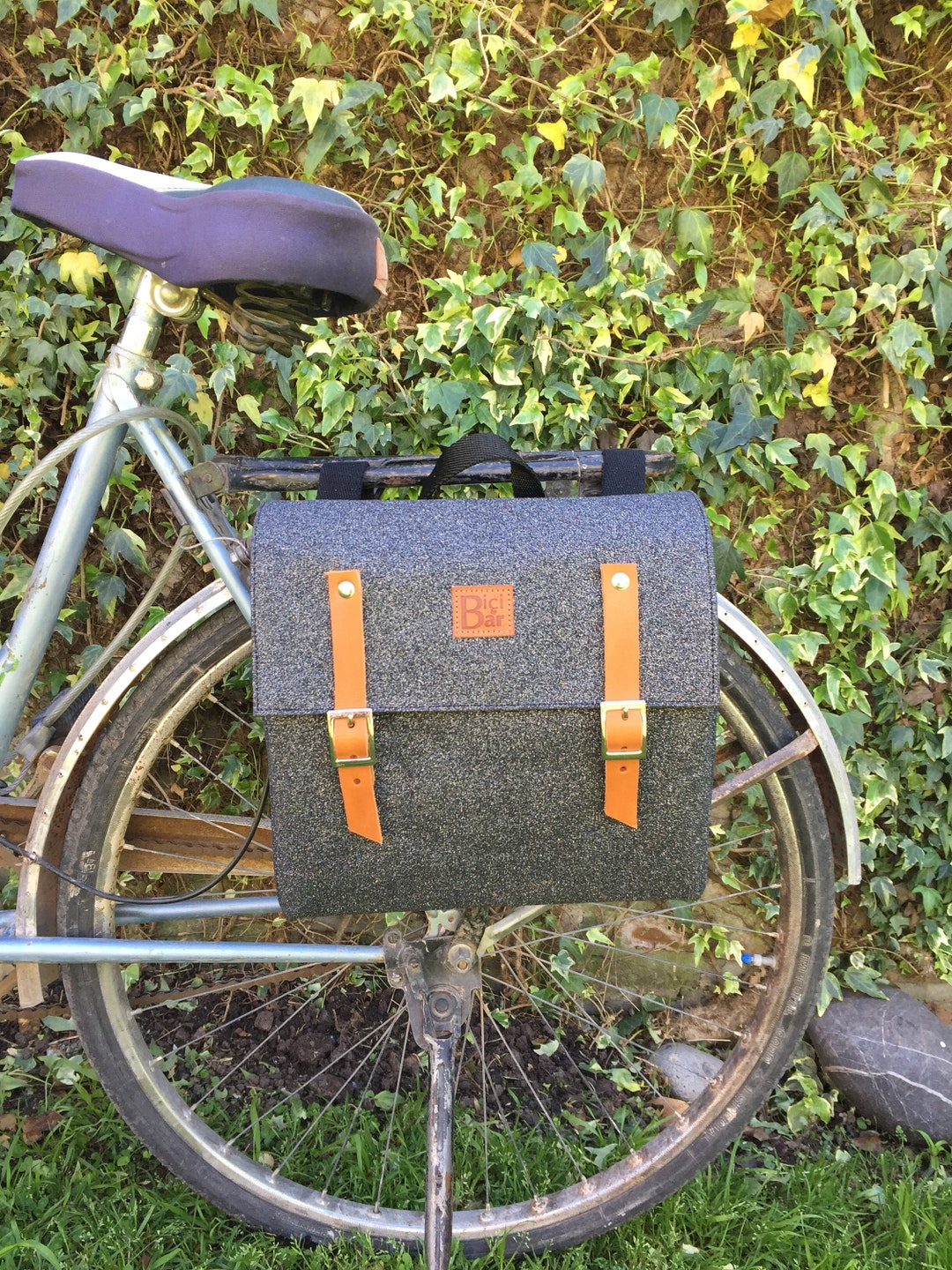 Bicycle Pannier/black Glitter Canvas and Leather Pannier/bicycle ...