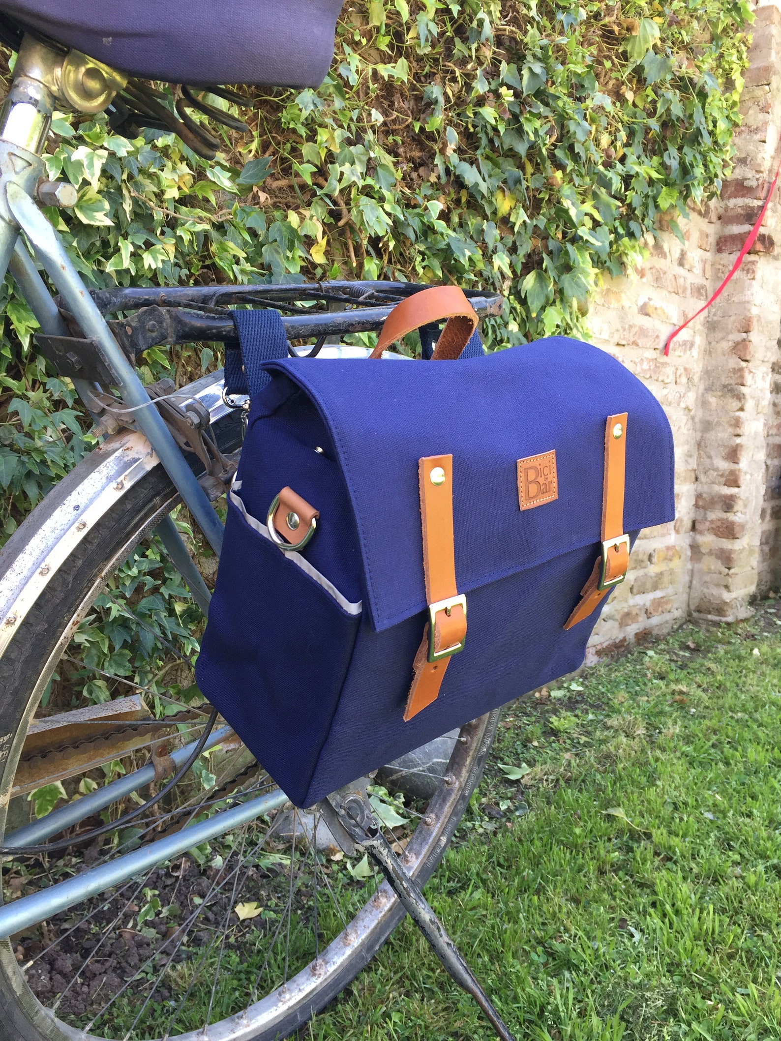Bicycle pannier/ Navy blue canvas and leather pannier/ bicycle | Etsy