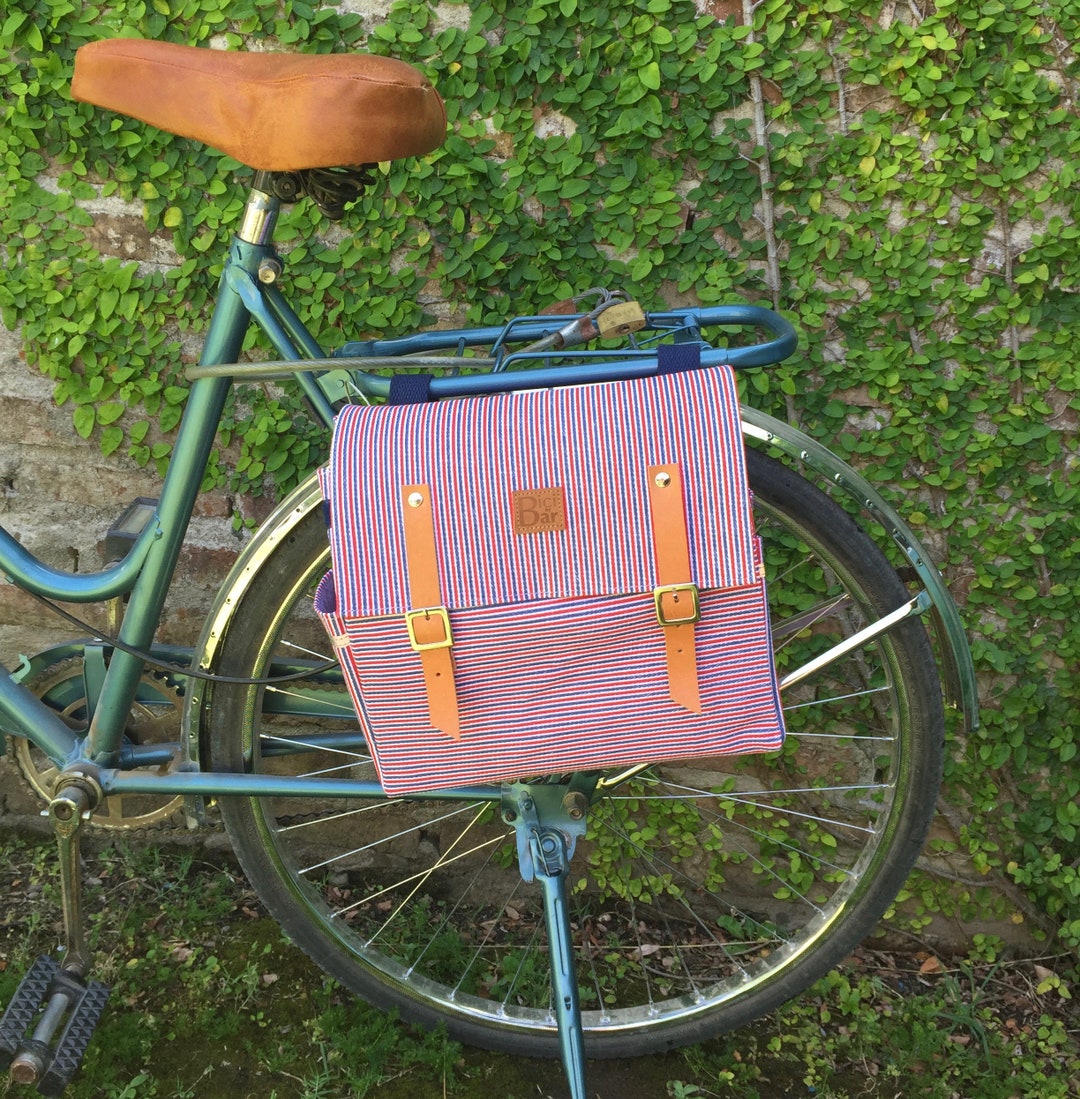 Bicycle Pannier/striped Canvas and Leather Pannier/bicycle Messenger ...