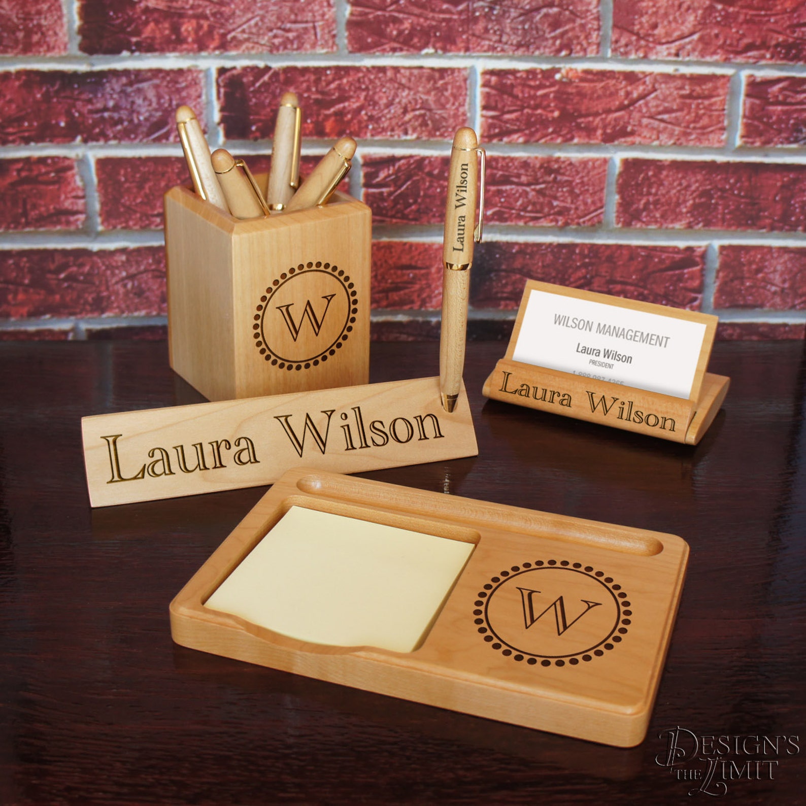 Personalized Maplewood Folding Nameplate, Pen Holder, Business Card ...