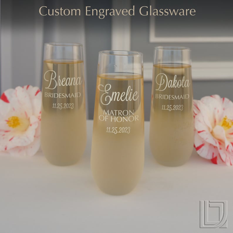 Personalized Stemless Champagne Flutes Engraved With Bridal Monogram ...