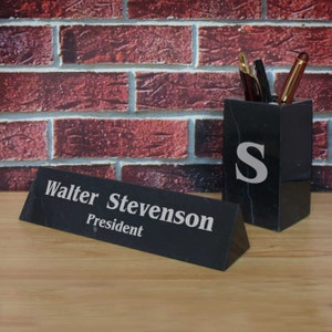Personalized Black Marble Desk Set Including Engraved Nameplate, Pen ...