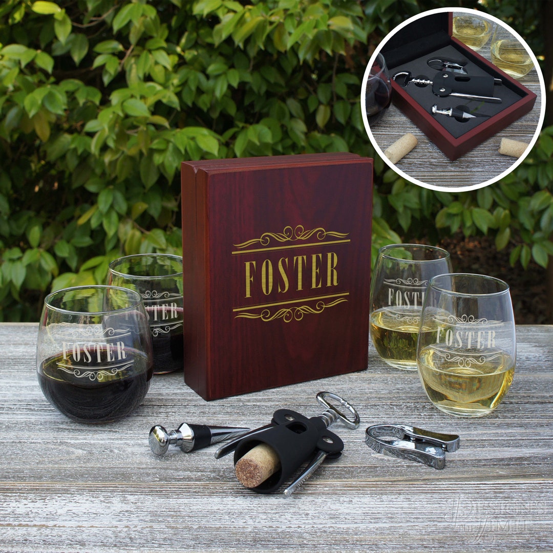 Personalized Wine Gift Set, Rosewood Wine Tool Set Engraved With Design ...